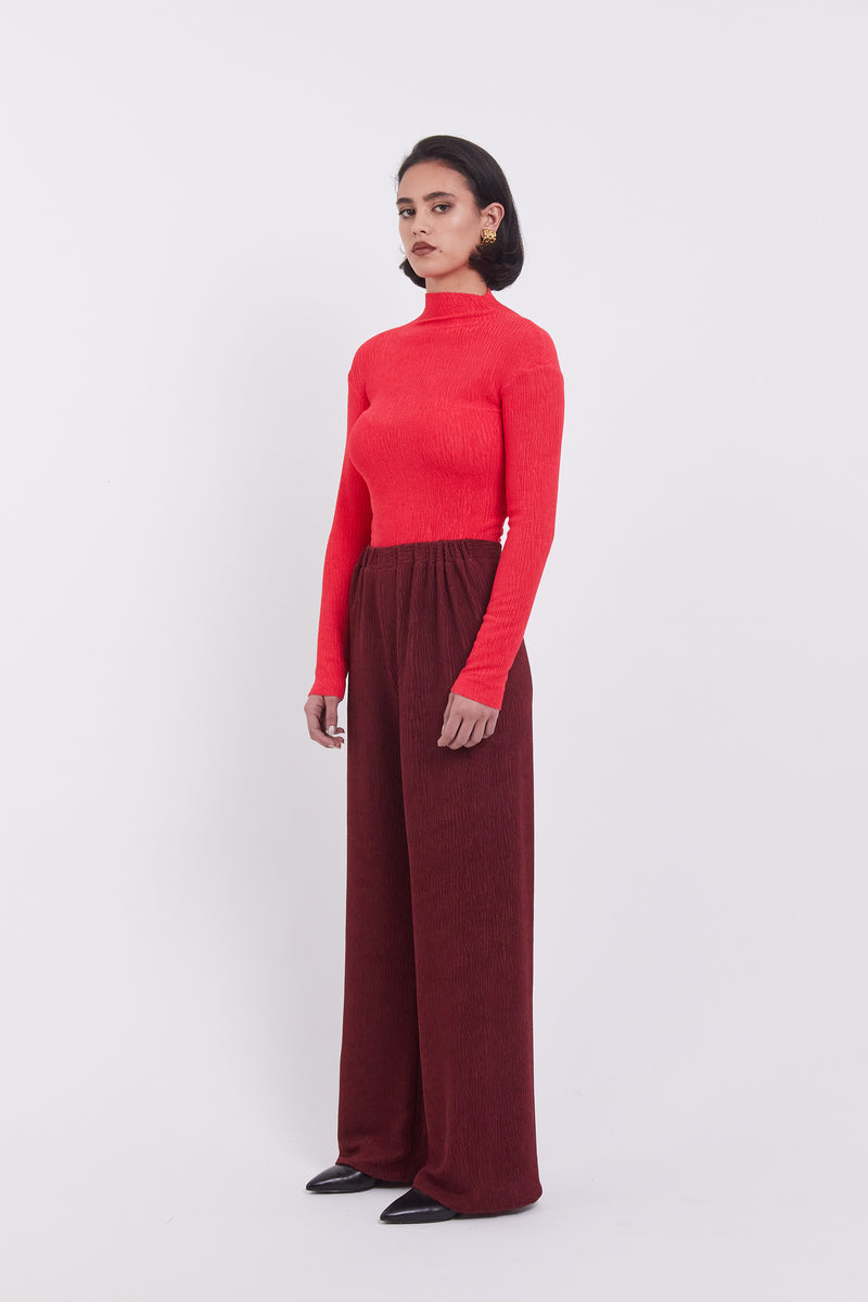 Jojo Ross Float On Pants Burgandy Chilled Red Wide Leg Texture Pleating ...