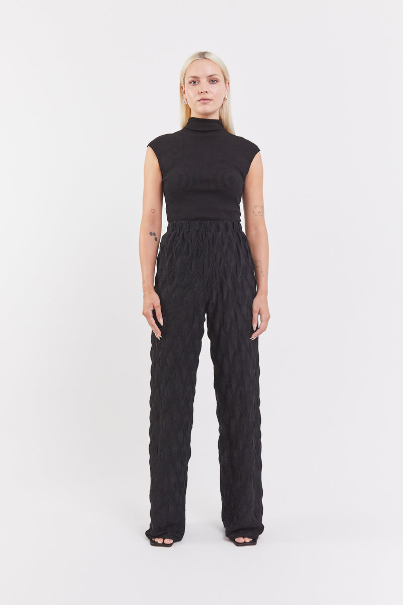 Jojo Ross Float On Pants Black Wide Leg Texture Pleating Bubble Made in NZ